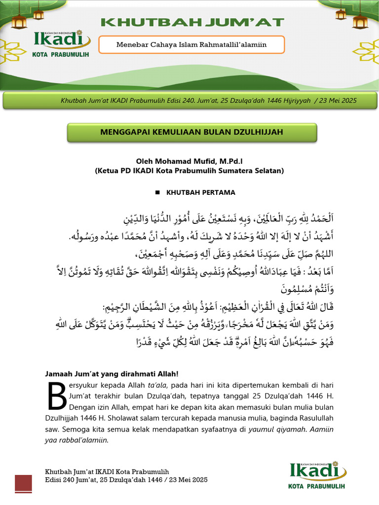 Edisi 240 Khutbah Jum'at Ikadi Prabumulih - Menggapai Kemuliaan Bulan Dzulhijjah | PDF