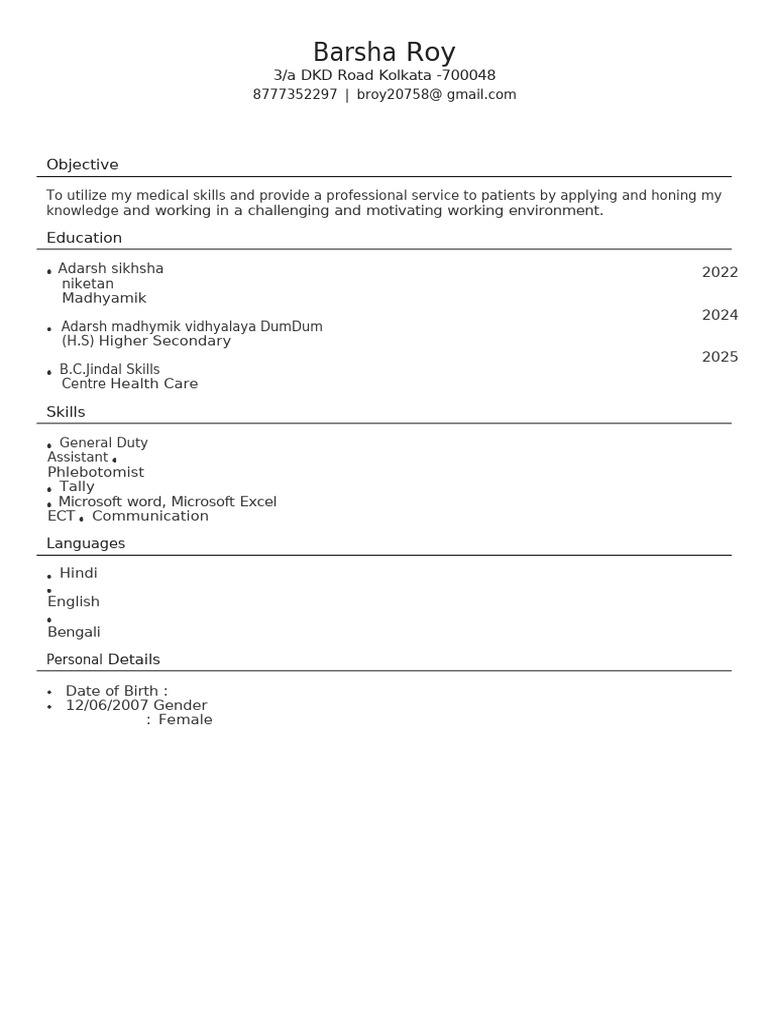 Barsha Roy: Medical Skills Profile | PDF