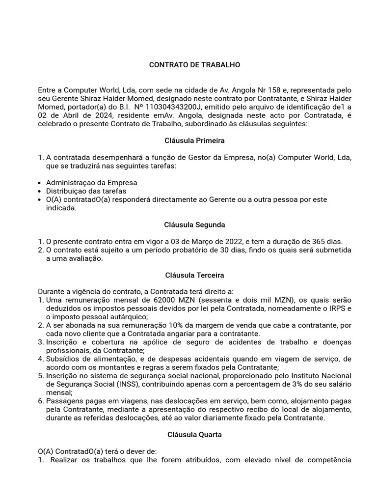 Contrato de Trabalho: Gestor da Empresa | PDF | Competência (Recursos ...
