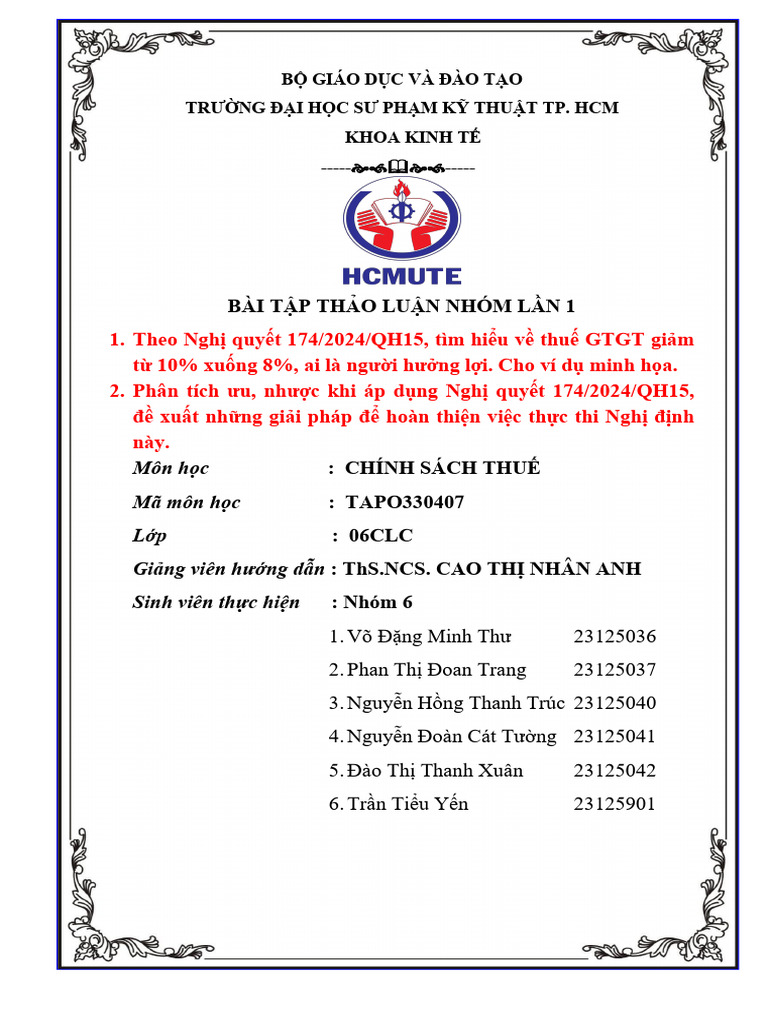 Btap Chinh Sach Thue Nhom 6 | PDF