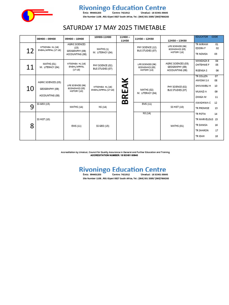 Saturday 17 May 2025 Timetable | PDF