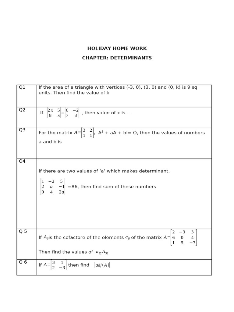 DETERMINANTS Work Sheets | PDF | Determinant | Functions And Mappings