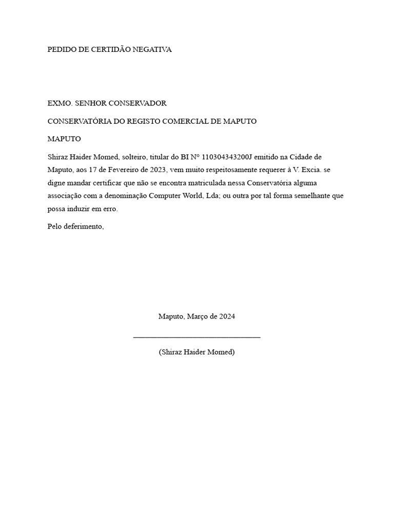Pedido de Certidao Negativa - WRLD | PDF