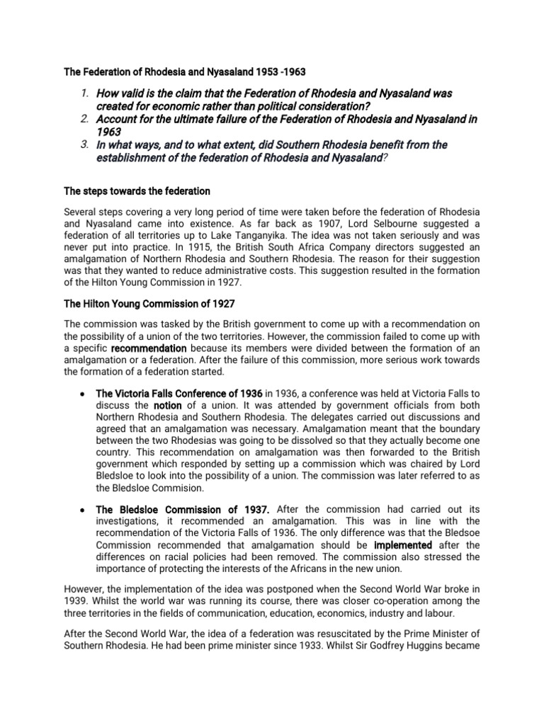 Rhodesia and Nyasaland Federation Overview | PDF