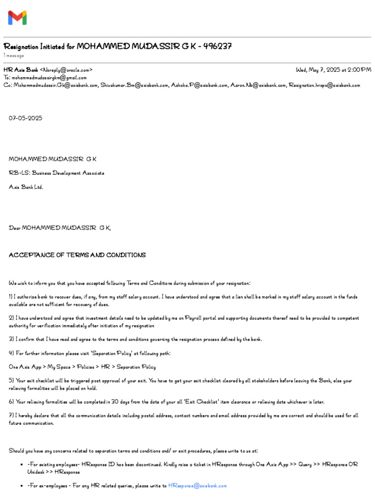 Gmail - Resignation Initiated For MOHAMMED MUDASSIR G K - 496237 | PDF