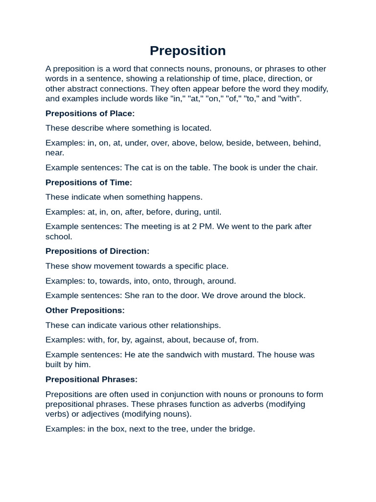 Understanding Prepositions and Their Uses | PDF