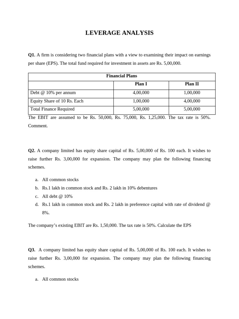 Leverage Analysis Question Sheet 1 | PDF | Leverage (Finance) | Equity (Finance)