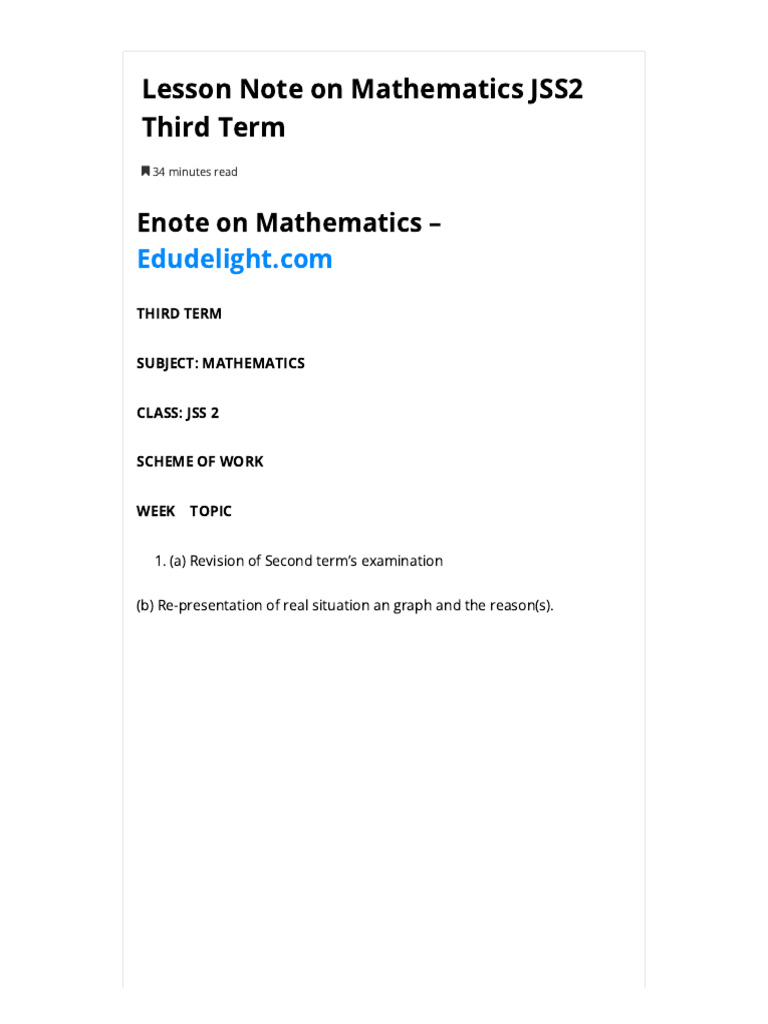 Lesson Note On Mathematics JSS2 Third Term | PDF | Triangle | Cartesian ...