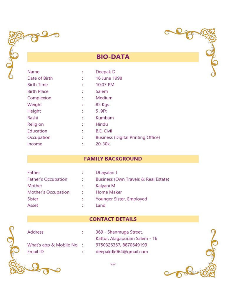Deepak D Bio Data & Jathagam | PDF