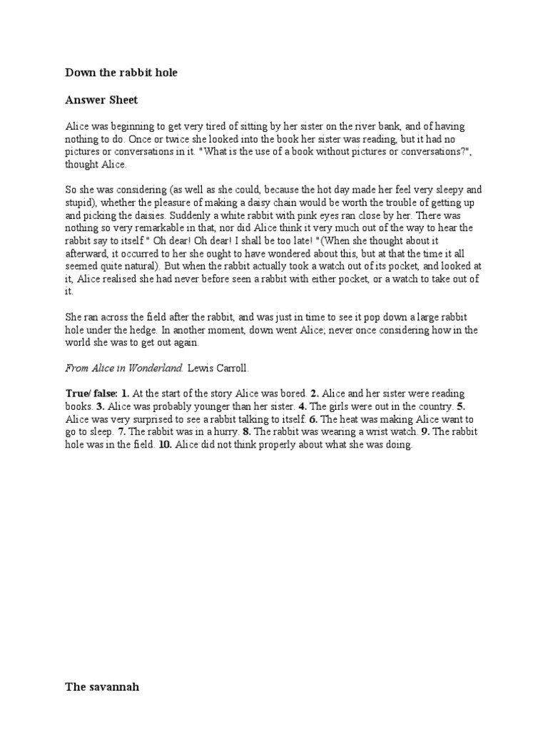 Down The Rabbit Hole-Reading B1 | PDF | Alice (Alice's Adventures In ...