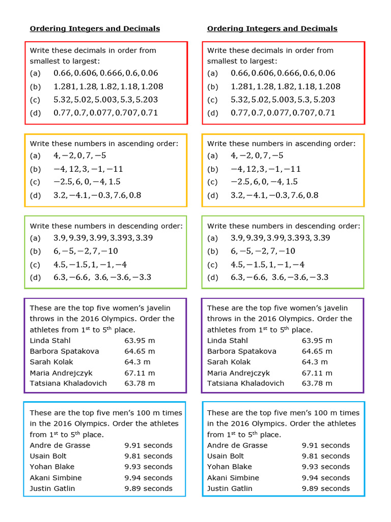 Ordering Integers and Decimals Practice Questions | PDF | Athletics ...