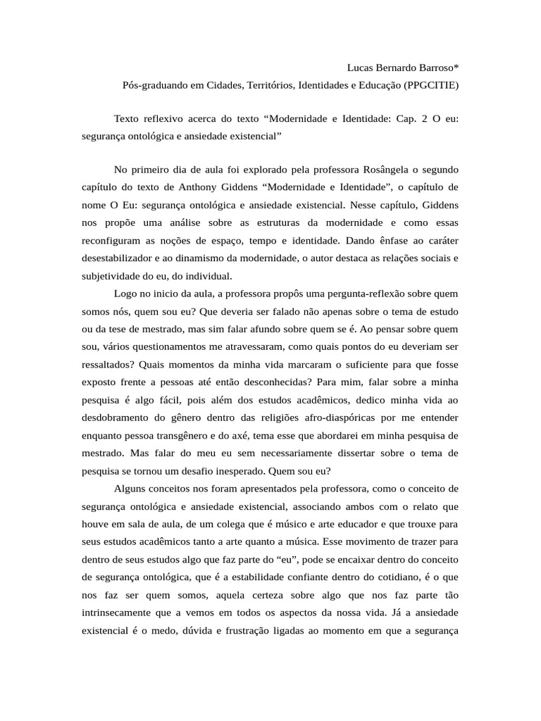 Texto Reflexivo Giddens Enviado | PDF | Existencialismo | Gênero