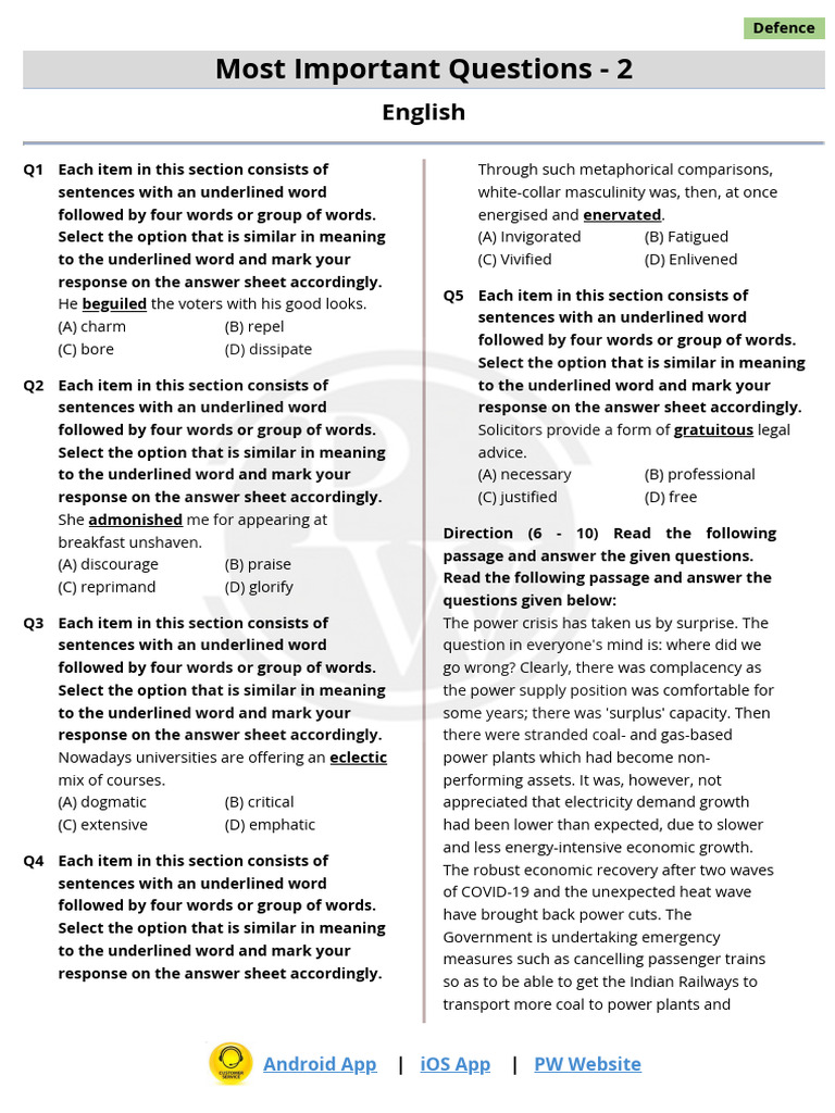 Most Important Questions - 2: English | PDF | Power Station