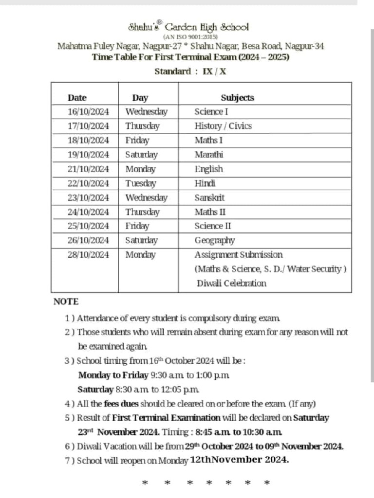 X Class 1st Terminal Time Table | PDF