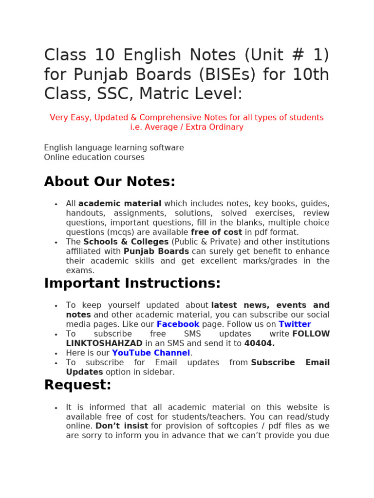 Class 10 English Notes | PDF