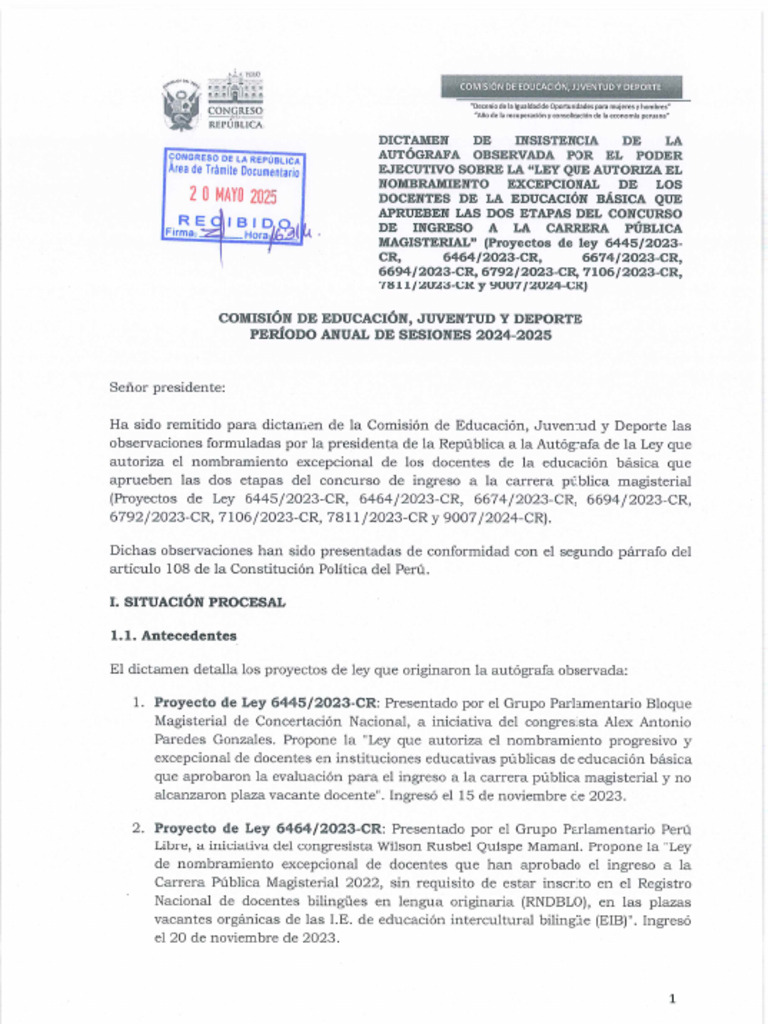 Pl-6445 y Otros (May) - Insistencia | PDF | Enseñando | Constitución