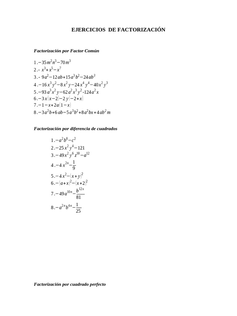Ejercicios de Factorizacion | PDF | Factorización | Matemática Elemental
