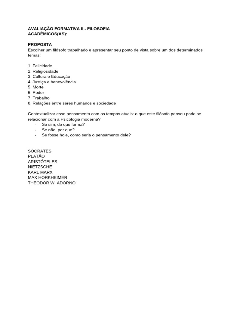 AVALIAÃ_Ã_O FORMATIVA II - FILOSOFIA | PDF