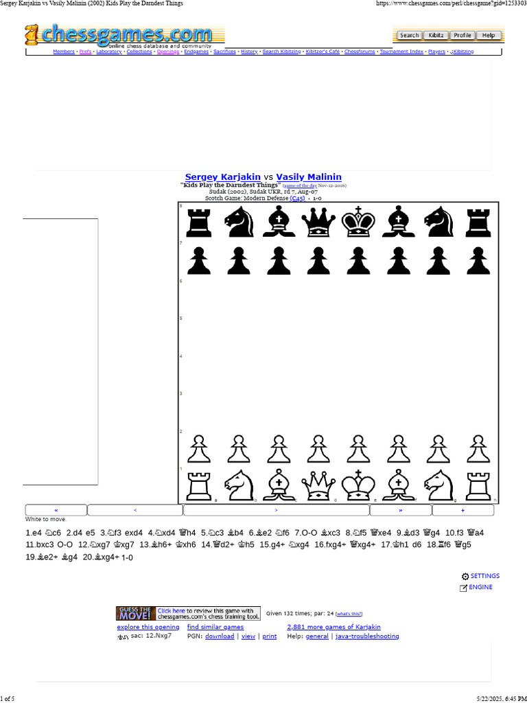 Sergey Karjakin Vs Vasily Malinin (2002) Kids Play The Darndest Things | PDF | Abstract Strategy ...