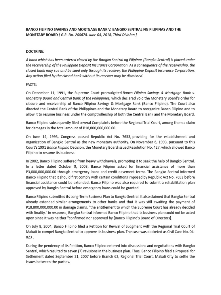 CASE M. BANCO FILIPINO v. BSP | PDF | Lawsuit | Receivership