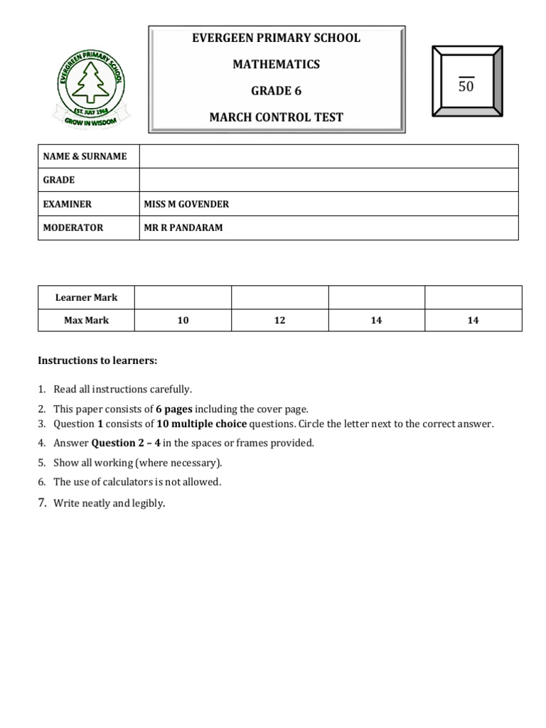 Grade 6 Mathematics March Control Test Term 1 | PDF | Multiple Choice ...