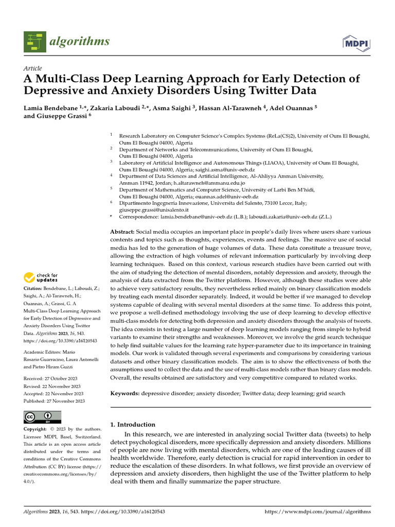 A Multi-Class Deep Learning Approach for Early Detection of Depressive and Anxiety Disorders ...