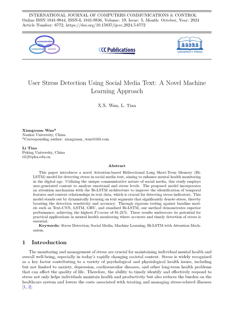 User Stress Detection Using Social Media Text Machine Learning Approach Pdf Attention