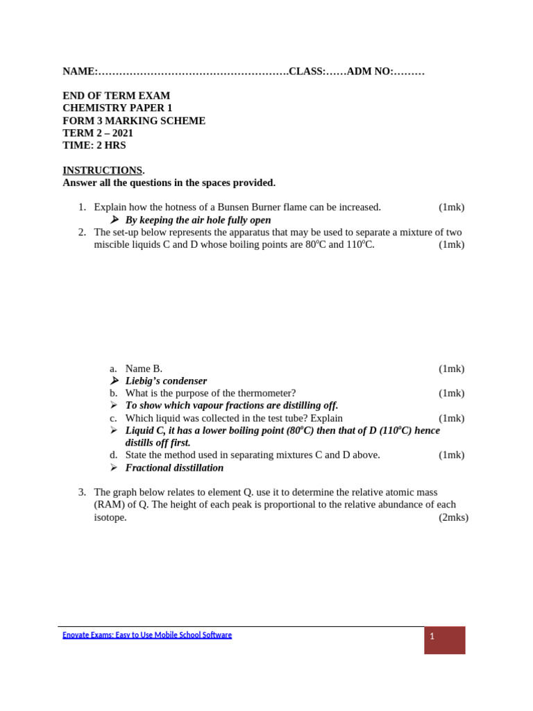 Form 3 Chemistry Pp1 Ms Moi Tea | PDF | Nitrogen | Oxide