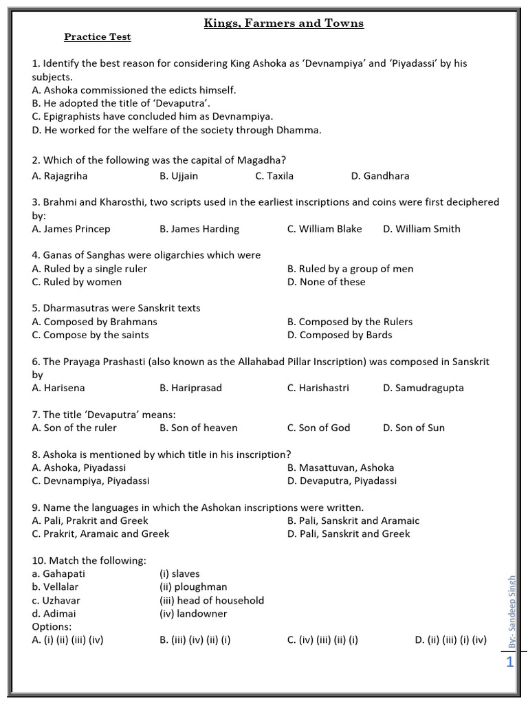 Kings, Farmers, and Towns Practice Test | PDF | Ashoka