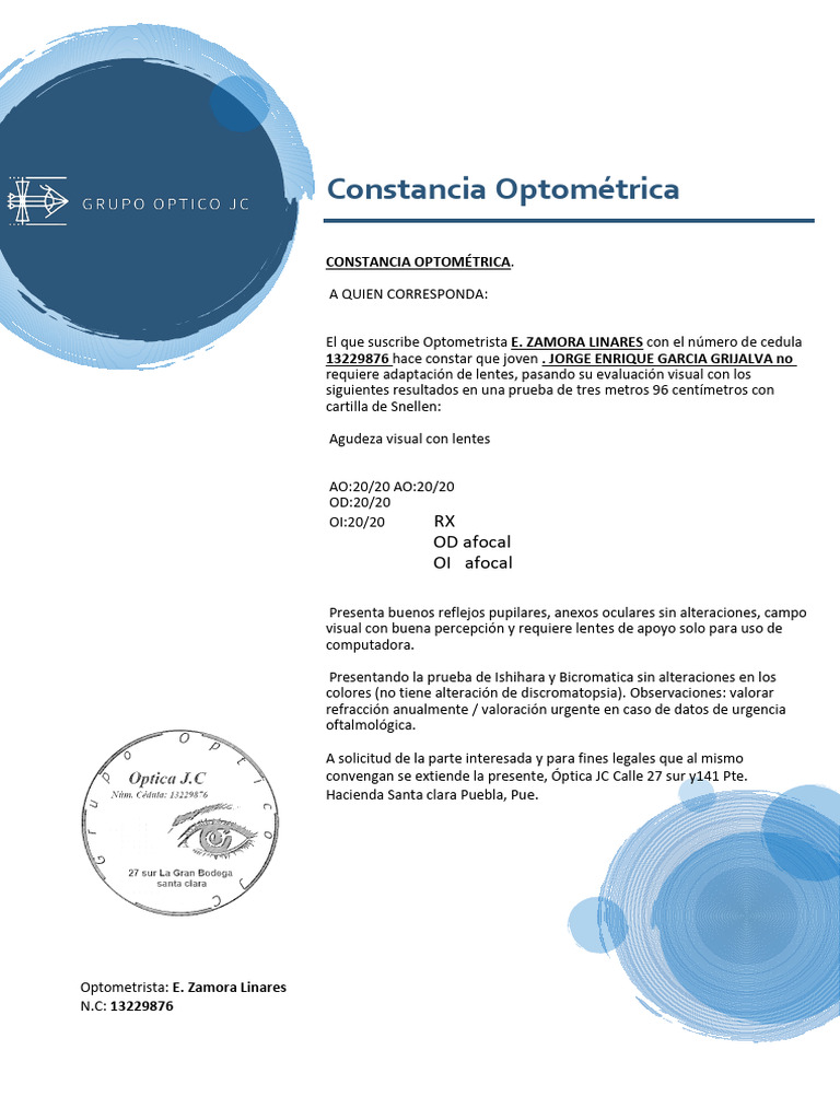 Constancia Optometrica JC1 Enrique PDF | PDF