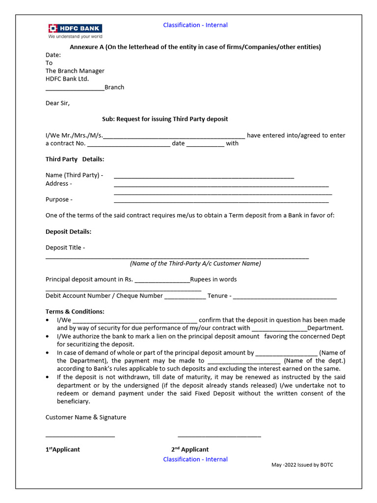 Third Party Deposit Request Form HDFC | PDF | Banks | Money