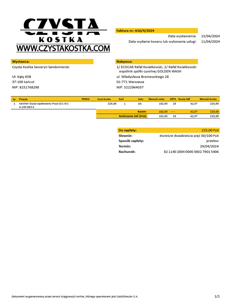 Faktura NR: A16/4/2024 | PDF