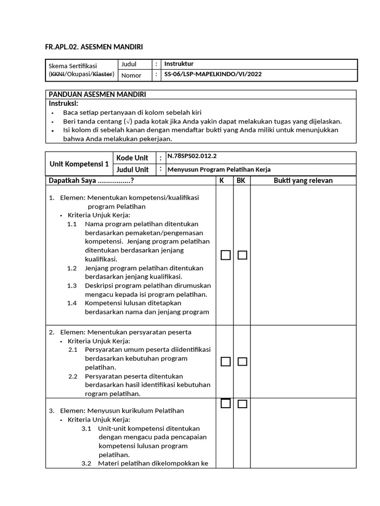 02. FR.APL 02. Asesmen Mandiri OK | PDF
