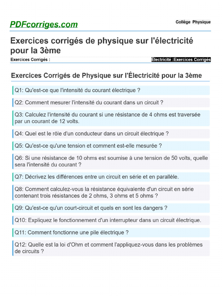 4707 College Electricite Exercices Corriges de Physique Sur l Electricite Pour La 3eme | PDF