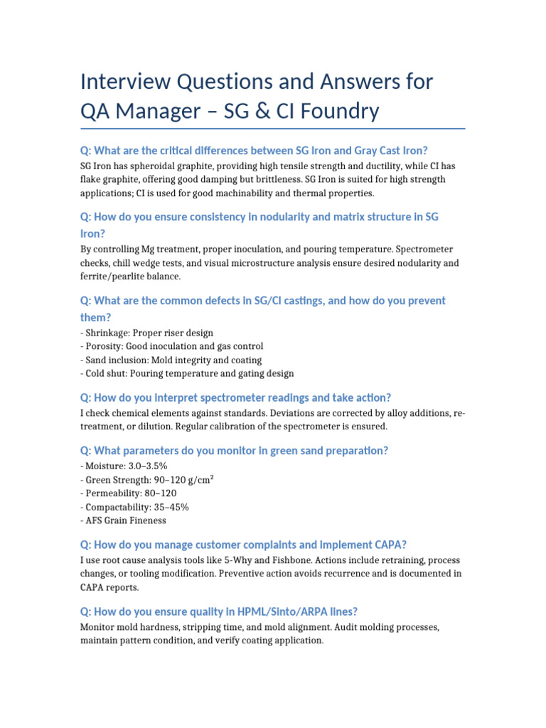 QA Manager Interview Questions for SG Iron | PDF