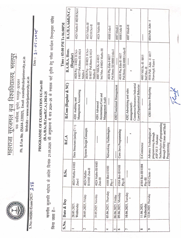 Time Table UG Part III Exam 2025 - 250521 - 194728 | PDF