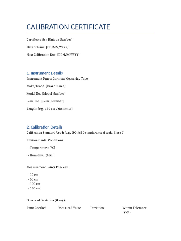 Garment Measurement Tape Calibration Certificate | PDF