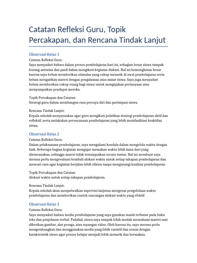 Catatan Refleksi Pembelajaran Guru | PDF