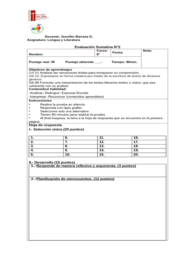 PRUEBA SUMATIVA N2 OCTAVO MAYO 2025 Editada Jennifer | PDF | Amor