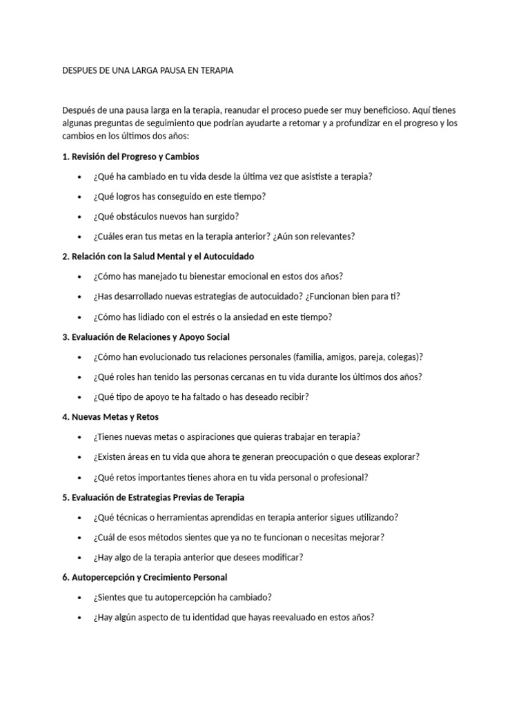 Preguntas para Despues de Una Larga Pausa en Terapia | PDF