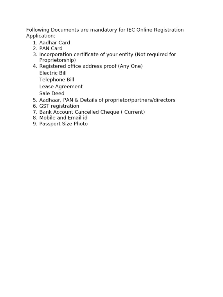 Documents For IEC Online Registration Application | PDF
