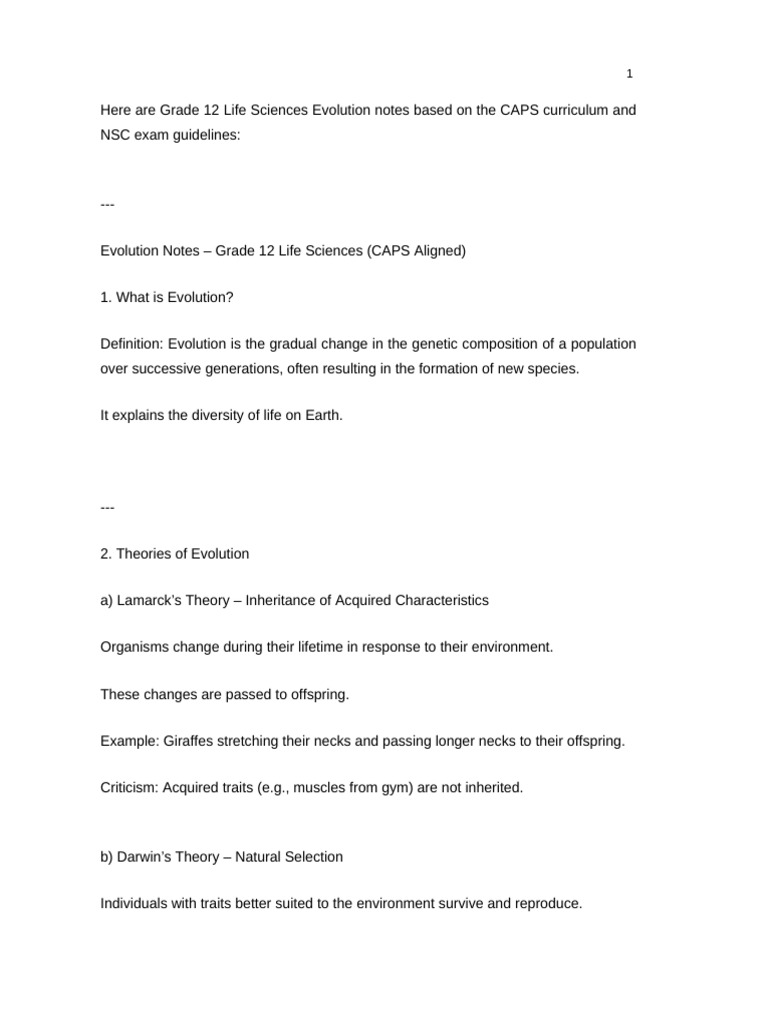 Grade 12 Evolution Notes (CAPS) | PDF | Homo | Evolution