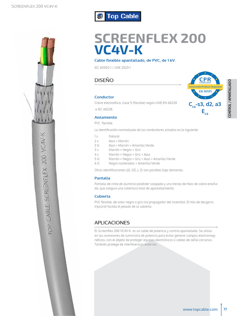 Topcable Screenflex 200 VC4V-K Esp Specs | PDF | Cobre | Conductor electrico