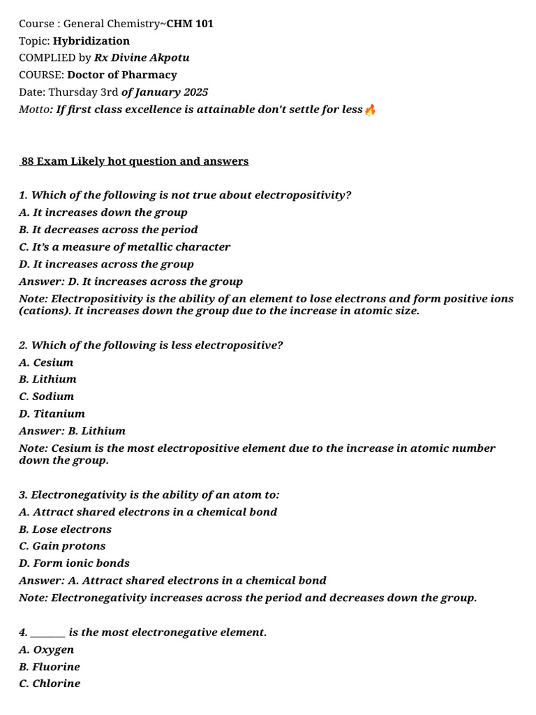 Chemistry Exam Questions on Hybridization | PDF | Chemical Polarity ...
