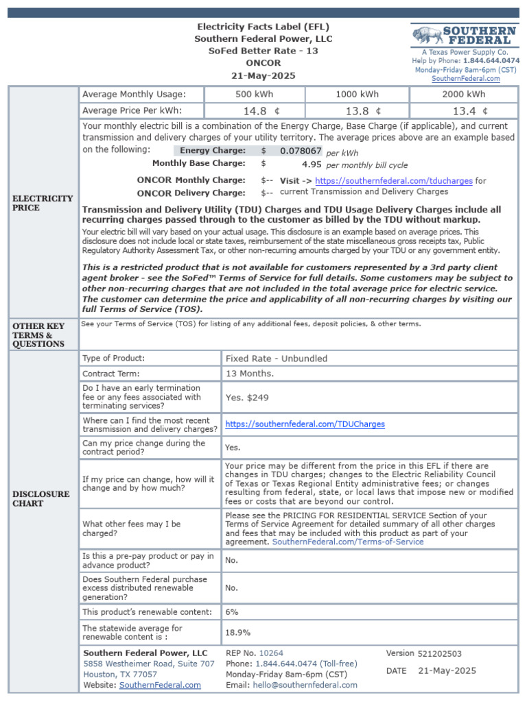 Southern Federal Power Pricing Overview | PDF | Fee | Power (Physics)