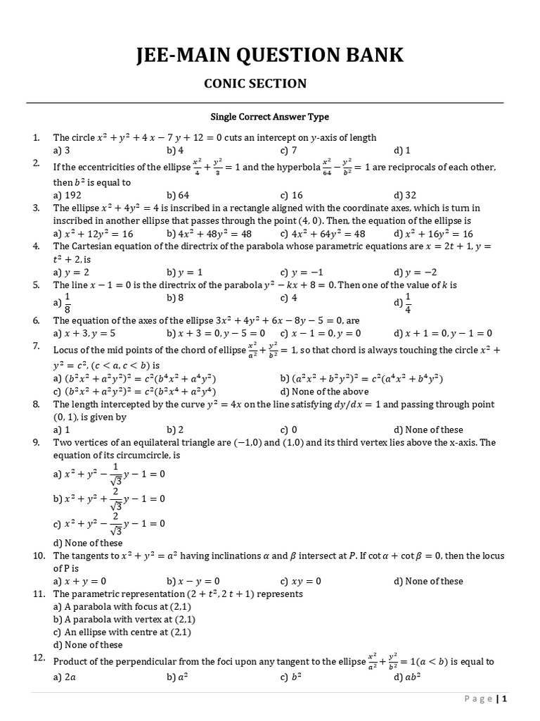 Jee-main Conic Section Question Bank | PDF | Ellipse | Circle