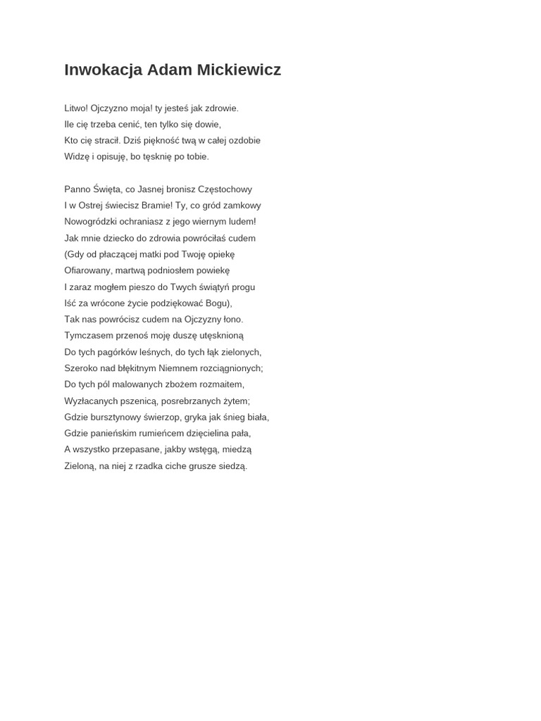 Inwokacja Adam Mickiewicz | PDF