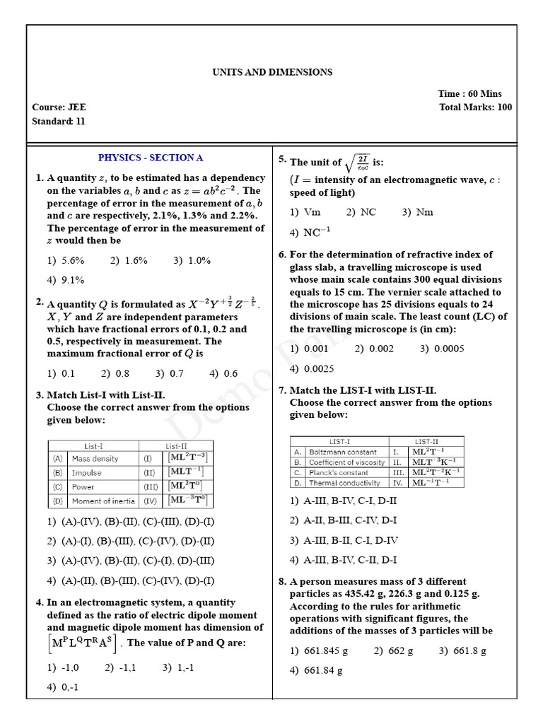 UNITS AND DIMENSIONS - Questions - Split | PDF | Dipole | Physical Sciences