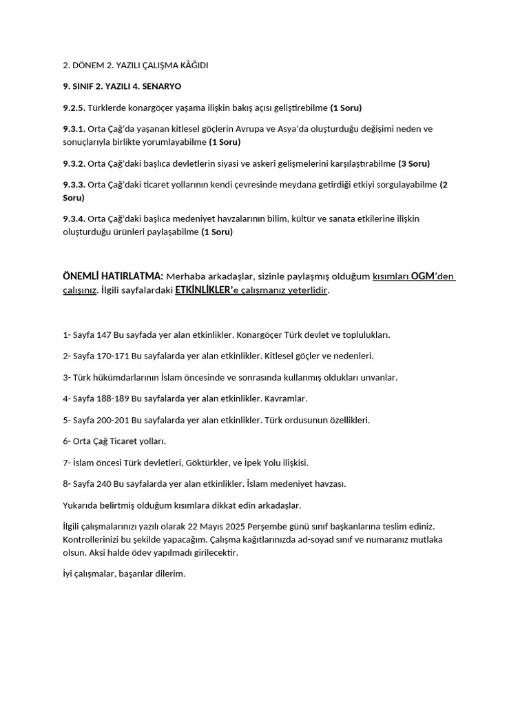 9.sinif 2. Yazili Calisma Kagidi | PDF