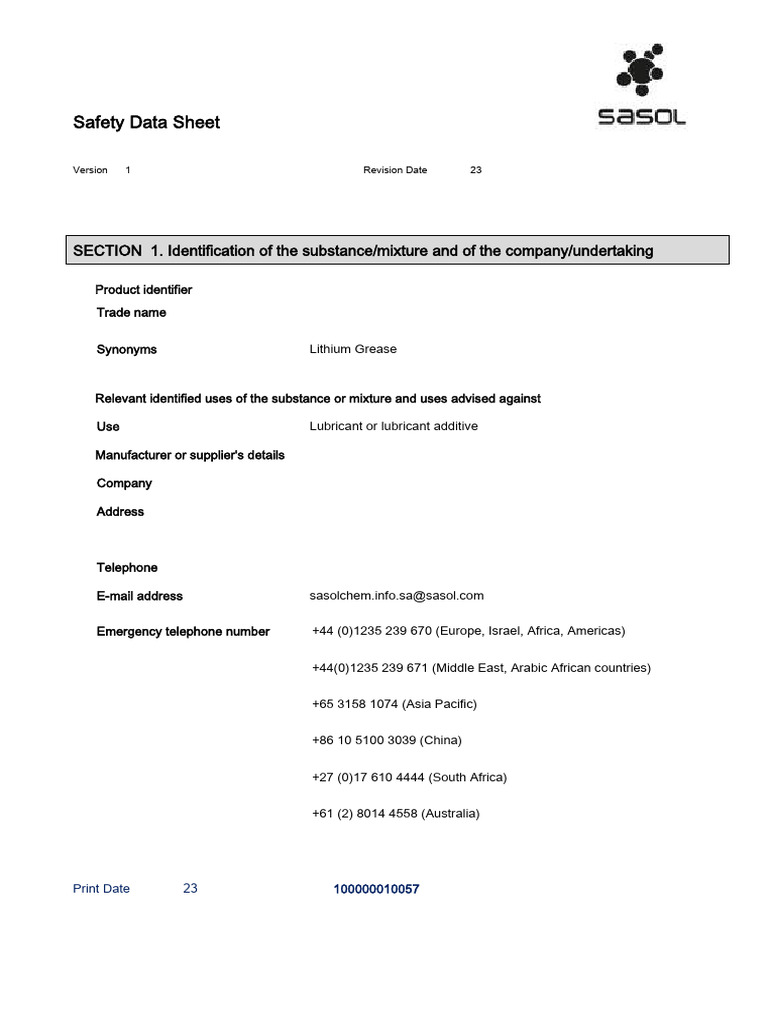 Lithium Calcium EP 2 Safety Data Sheet | PDF | Occupational Safety And ...